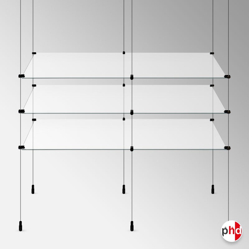 Black Cable Display Glass Shelf | Ceiling-to-Floor Black Wire Fittings